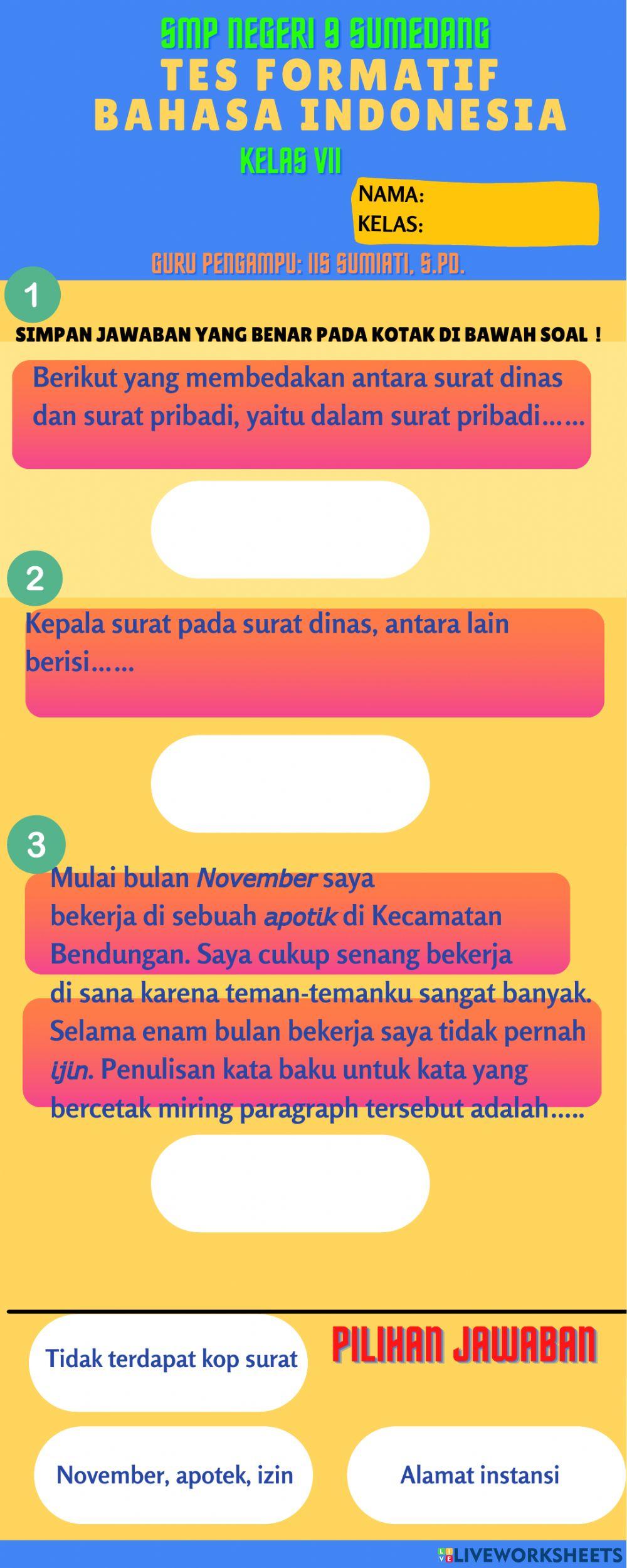 Tes formatif bahasa indonesia kelas vii worksheet | Live Worksheets
