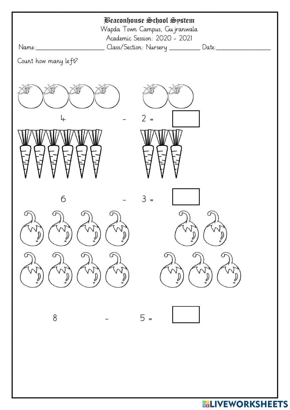 Subtraction online exercise for pre-K | Live Worksheets