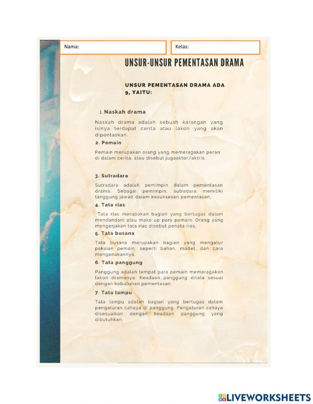 Unsur-unsur Pementasan Drama worksheet | Live Worksheets
