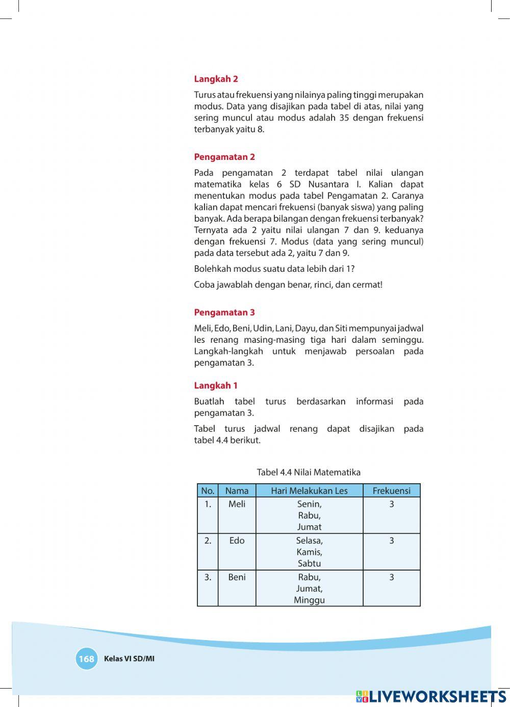 Modul Matematika Materi Modus worksheet | Live Worksheets