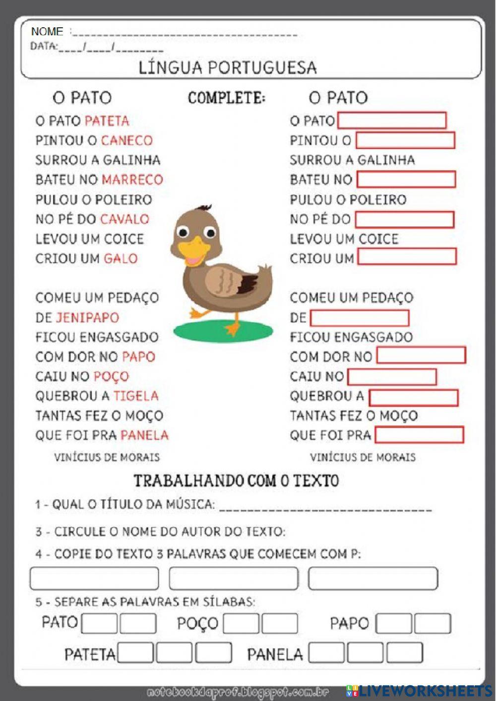 Parlenda o pato pateta worksheet | Live Worksheets