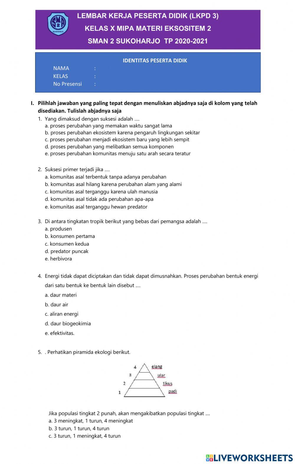 Ekosistem online pdf activity | Live Worksheets