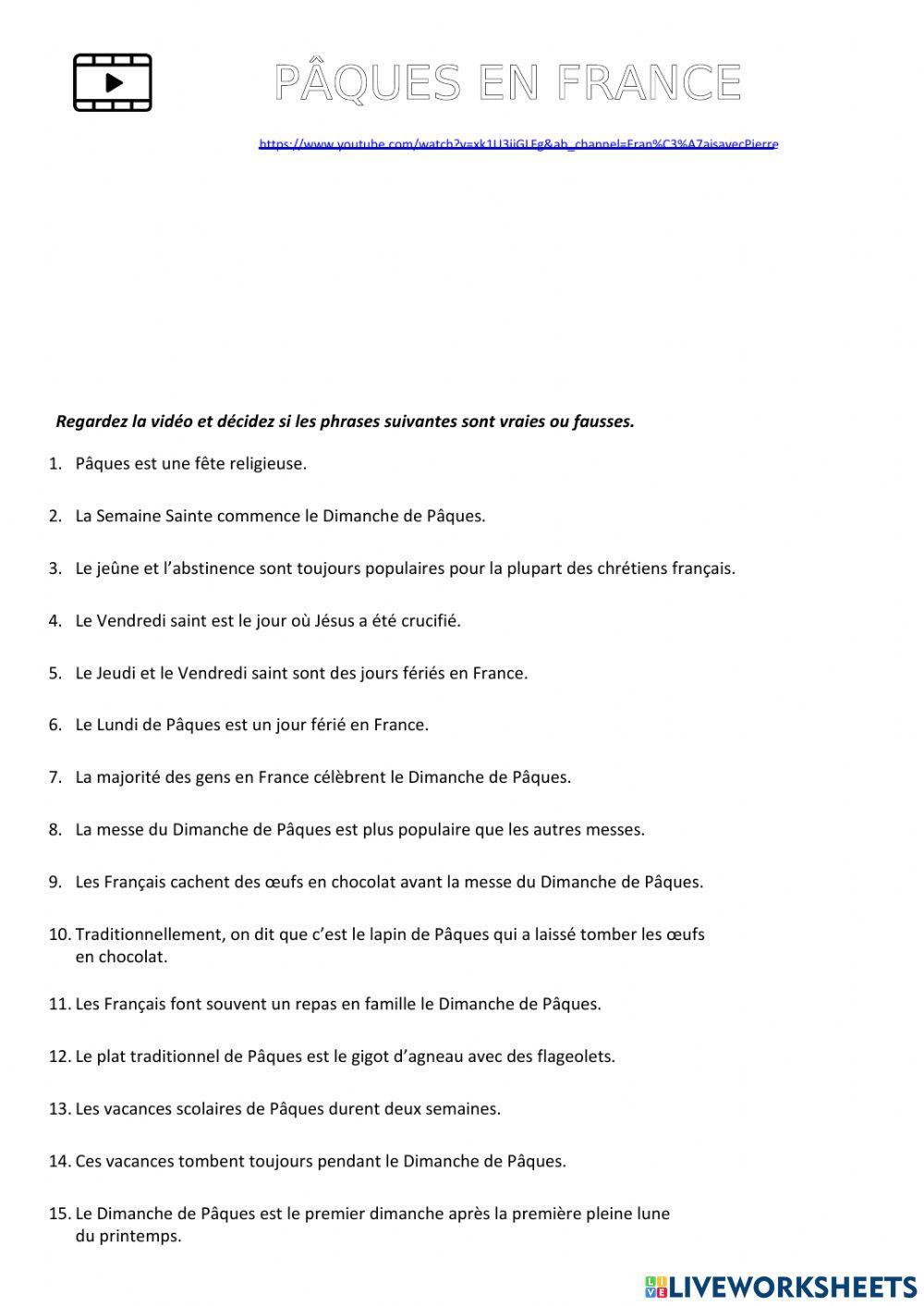 Les Pâques en F… | Free Interactive Worksheets | 865278