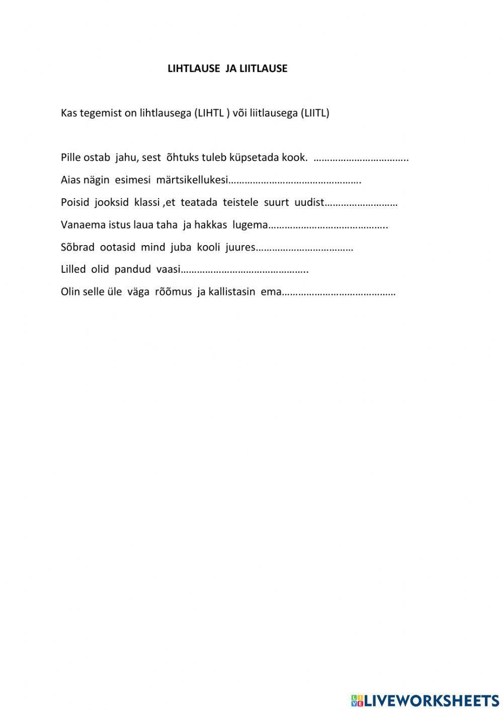 Lihtlause,liitl… | Free Interactive Worksheets | 865630
