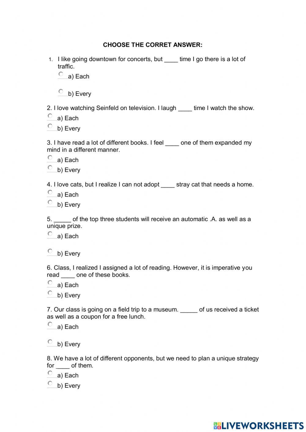 EVERY, EACH, NO… | Free Interactive Worksheets | 6510069