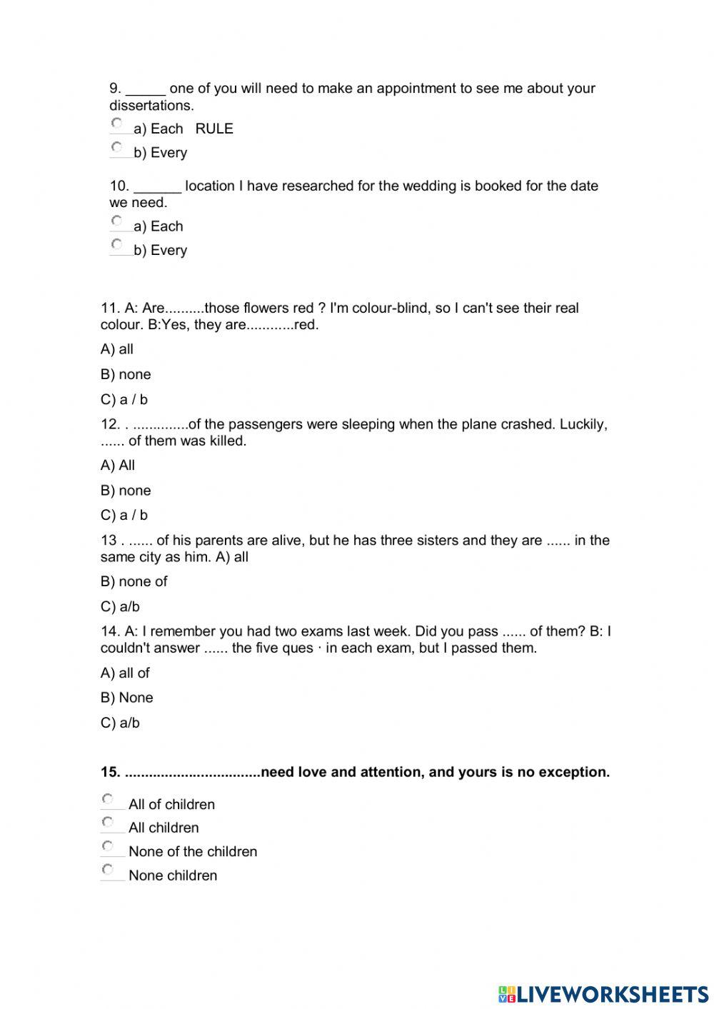 EVERY, EACH, NO… | Free Interactive Worksheets | 6510069