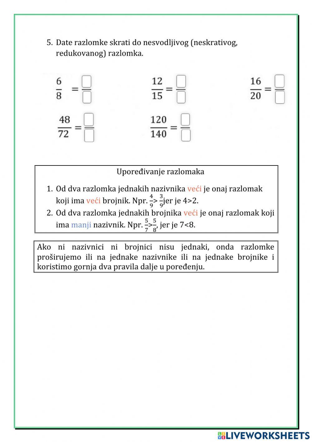 Proširivanje i skraćivanje razlomaka. Upoređivanje razlomaka online ...