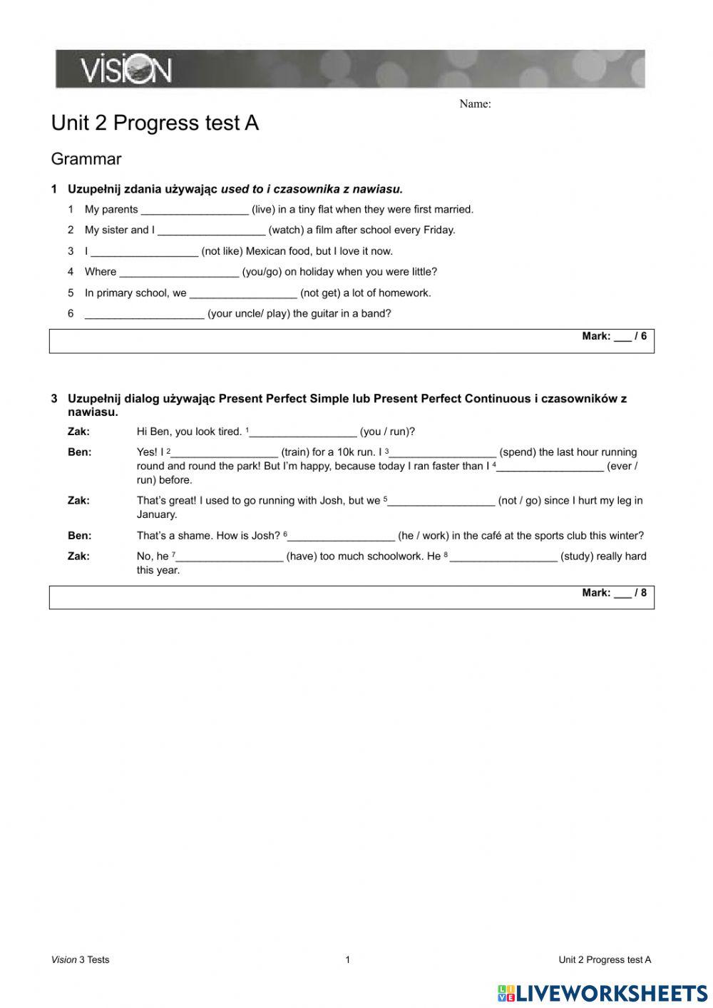 Vision 2 unit 3 worksheet | Live Worksheets