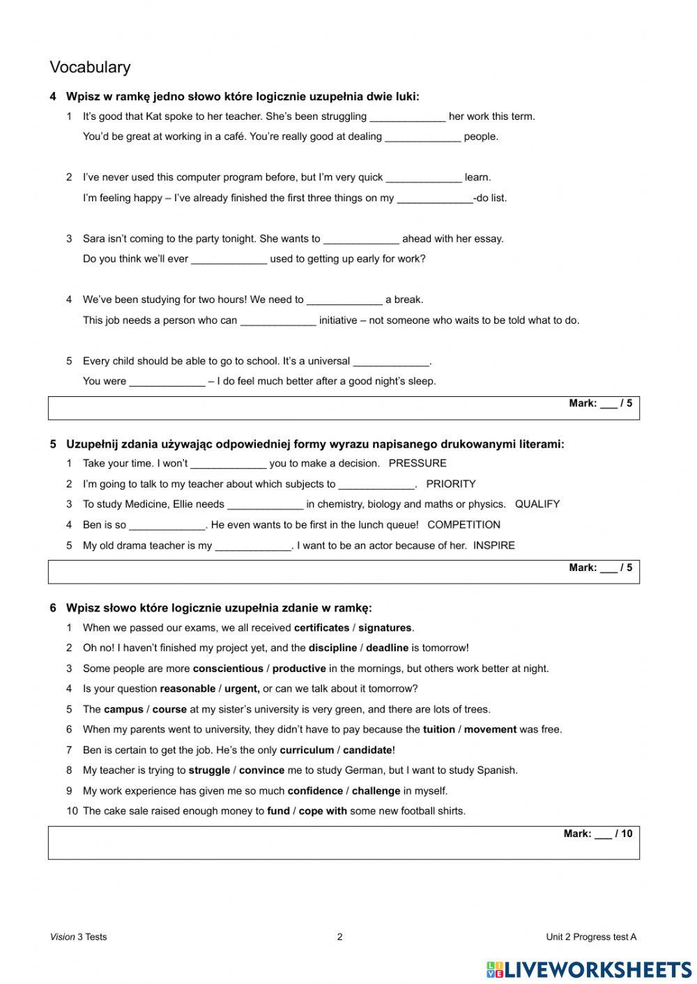 Vision 2 unit 3 worksheet | Live Worksheets