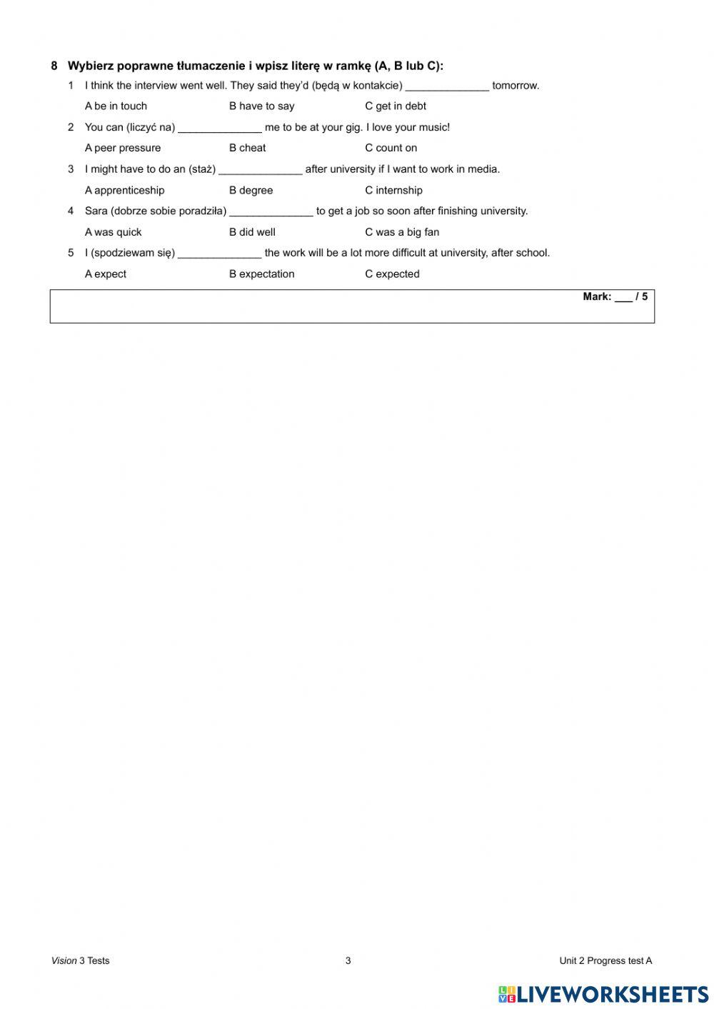 Vision 2 unit 3 worksheet | Live Worksheets