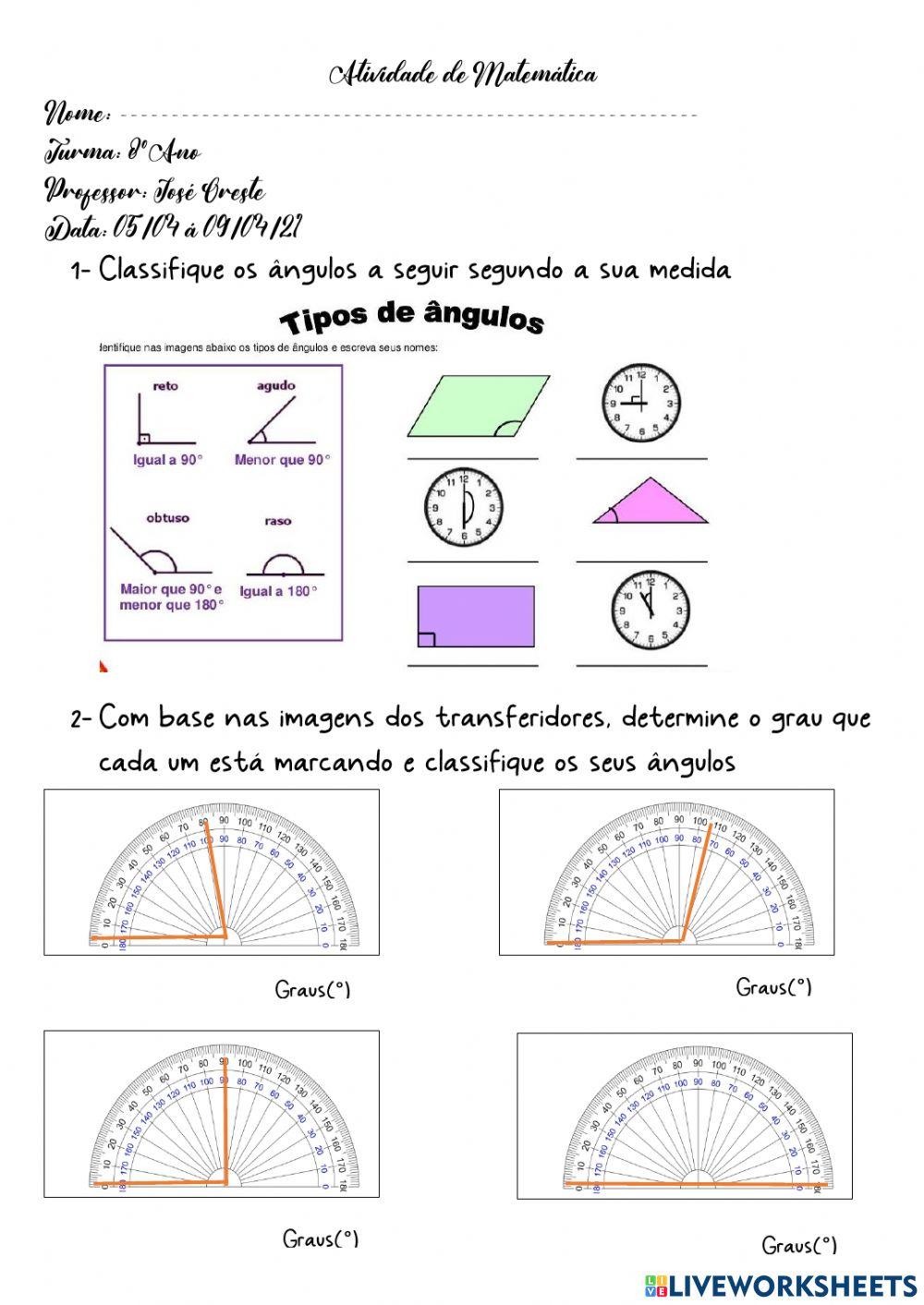 Classificação de ângulos online worksheet | Live Worksheets