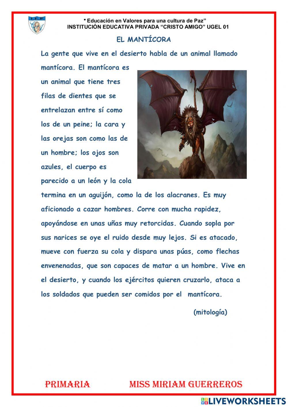 Lectura : EL MANTÍCORA worksheet | Live Worksheets