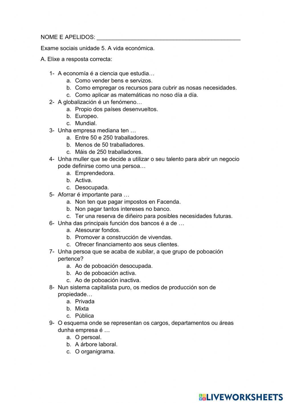 Unidade 5. A economía worksheet | Live Worksheets