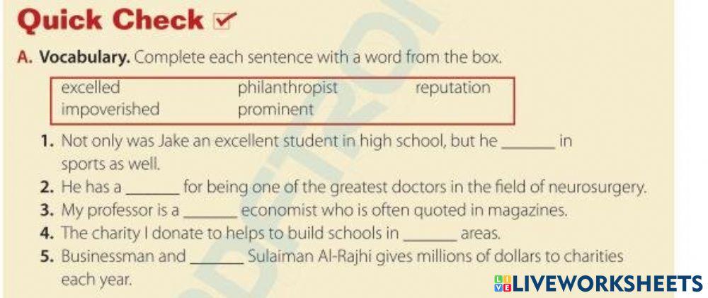 Complete each sentence with a word from the box. worksheet | Live ...