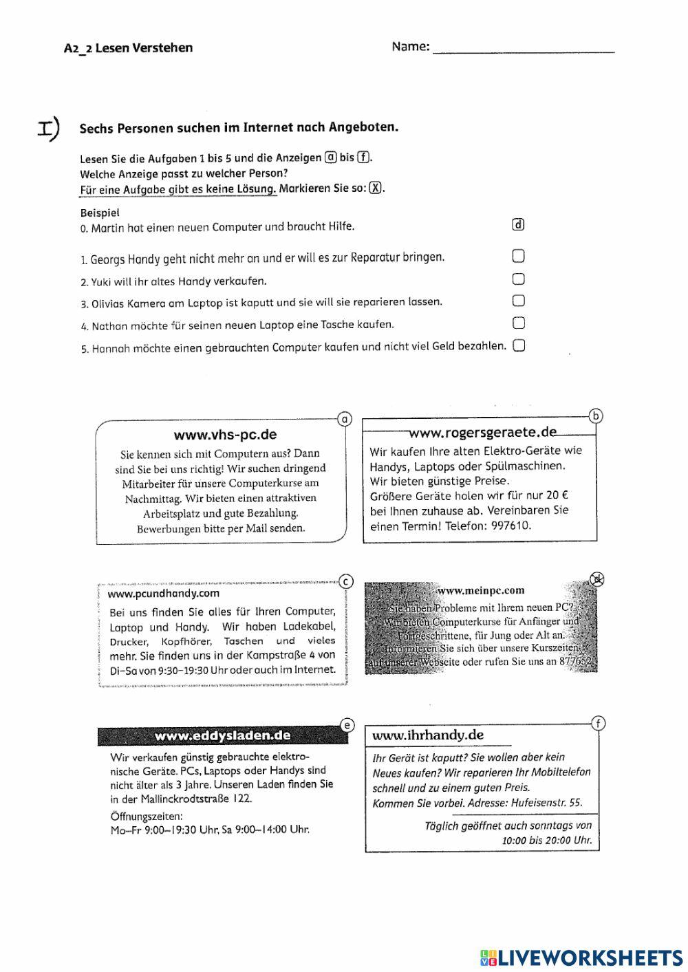 Deutsch A2 - Le… | Free Interactive Worksheets | 6457252