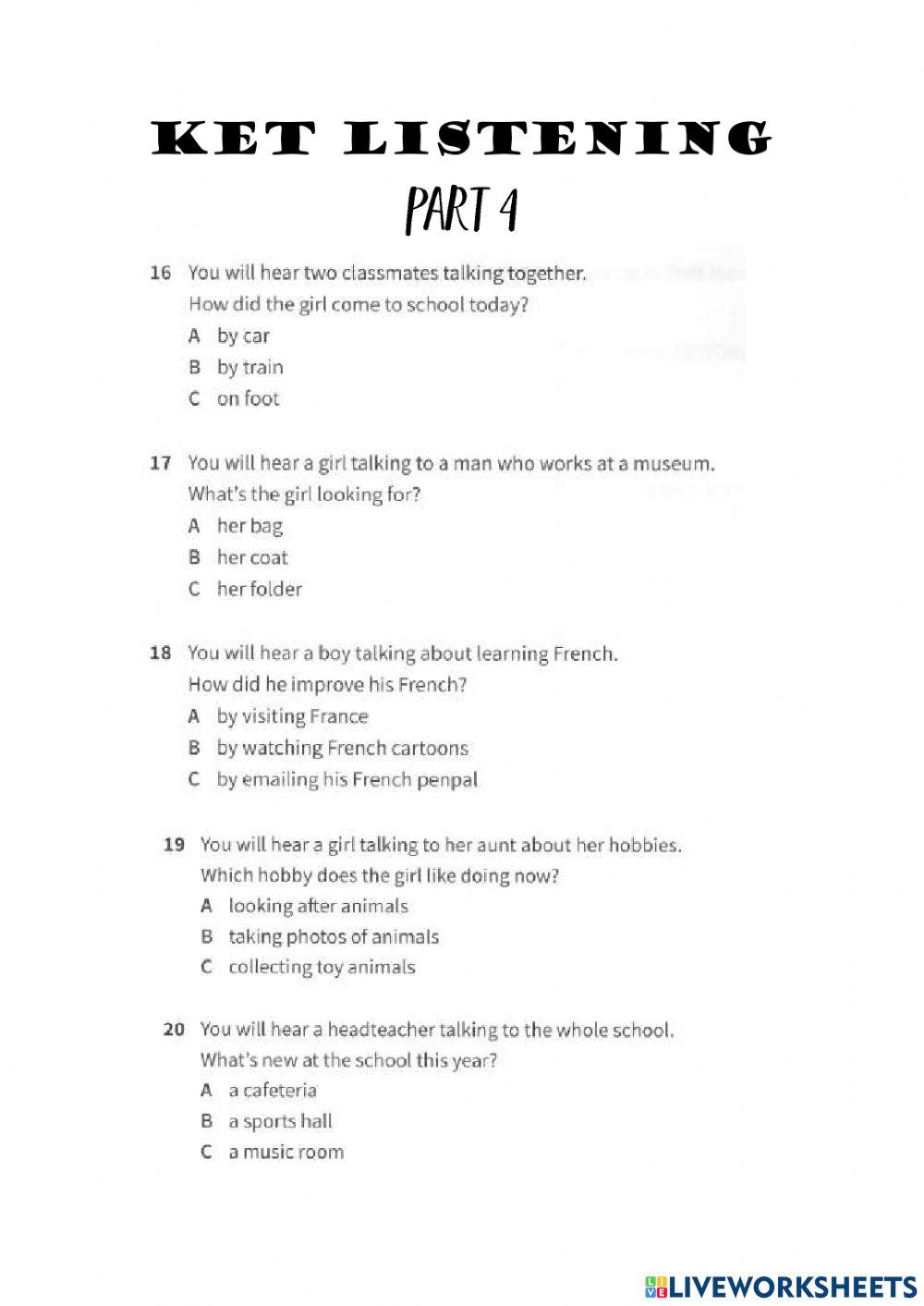 KET Listening P… | Free Interactive Worksheets | 778488