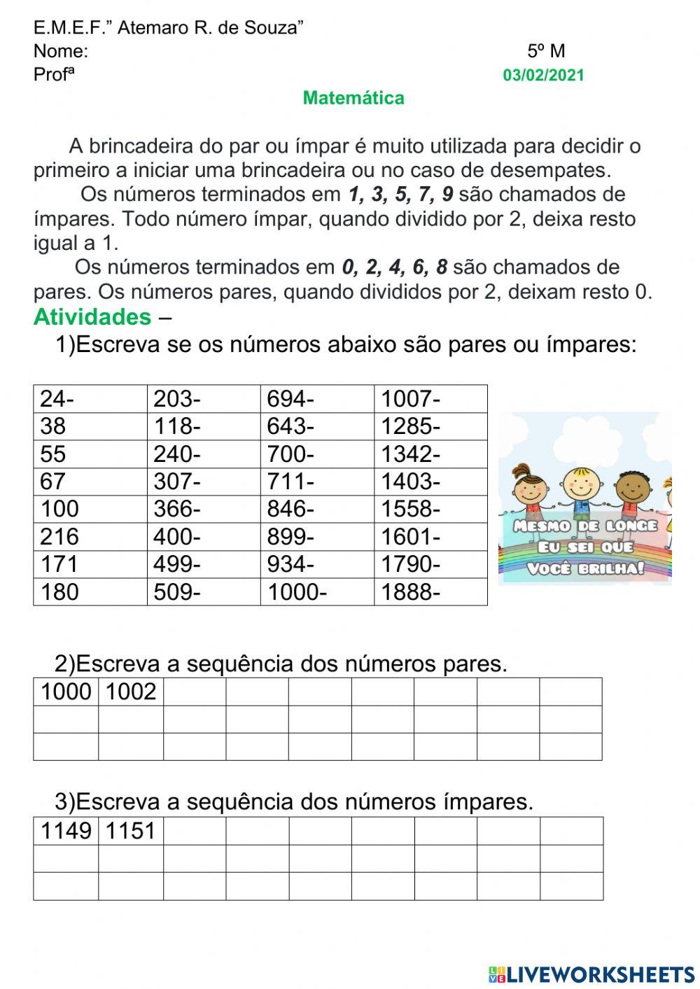 Atividade Com Numeros Pares E Impares 2 Ano - lucox.cl