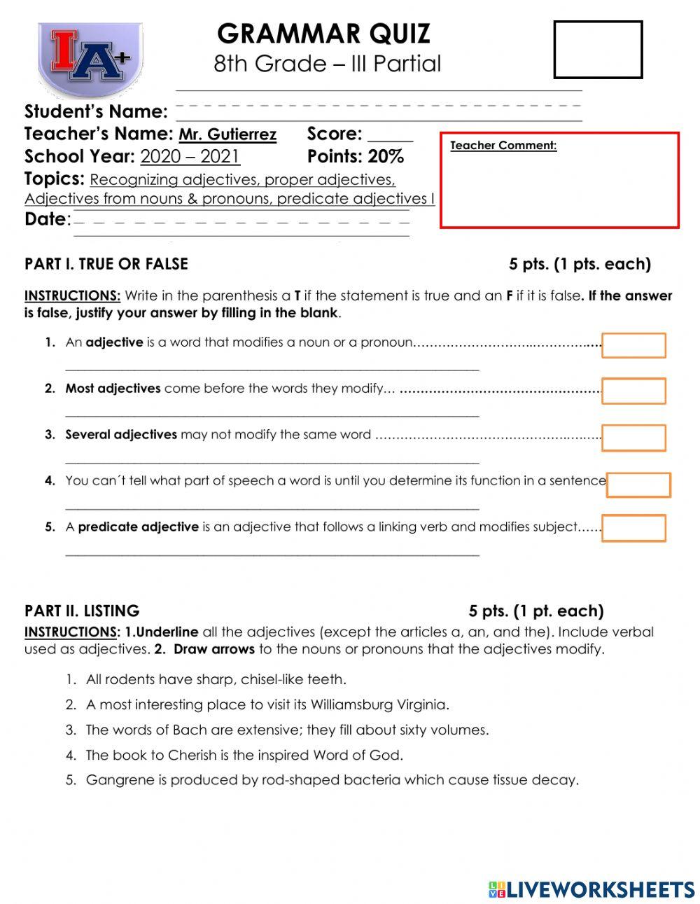 Quiz online exercise for grade 8 | Live Worksheets