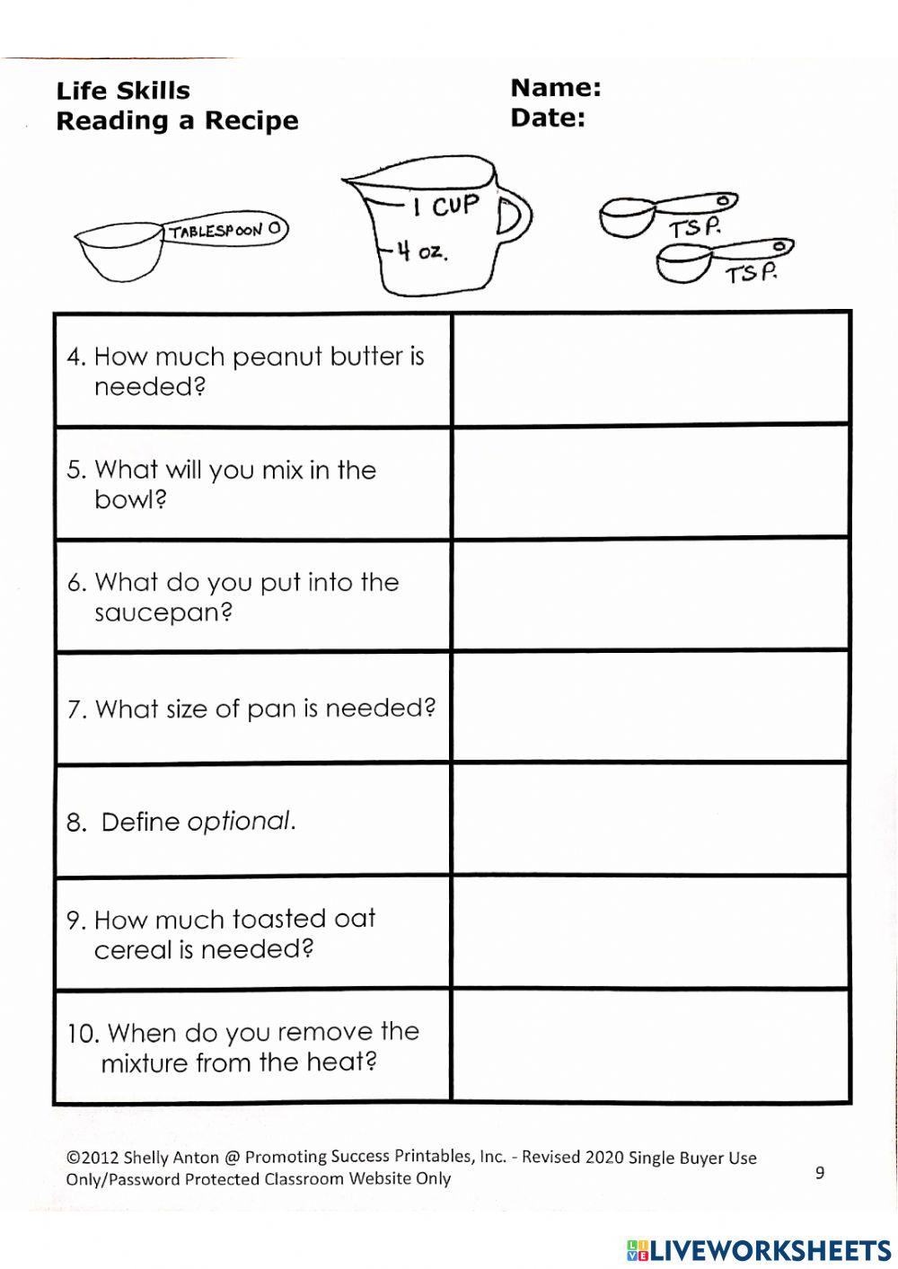 Reading a Recipe: Yummy Cereal Bars online exercise for | Live Worksheets