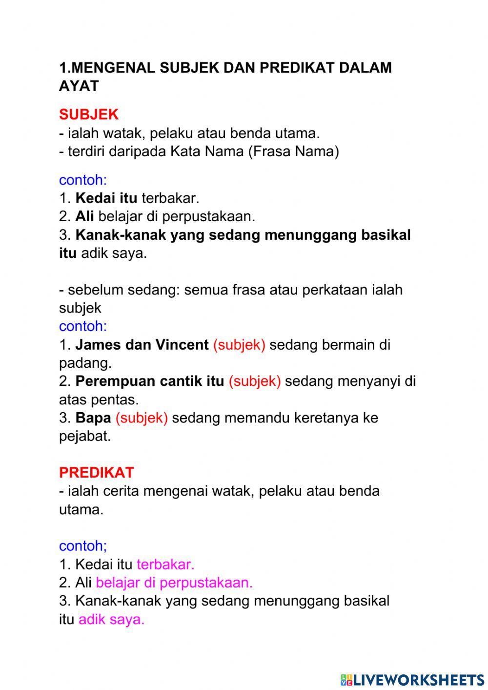Subjek predikat worksheet | Live Worksheets