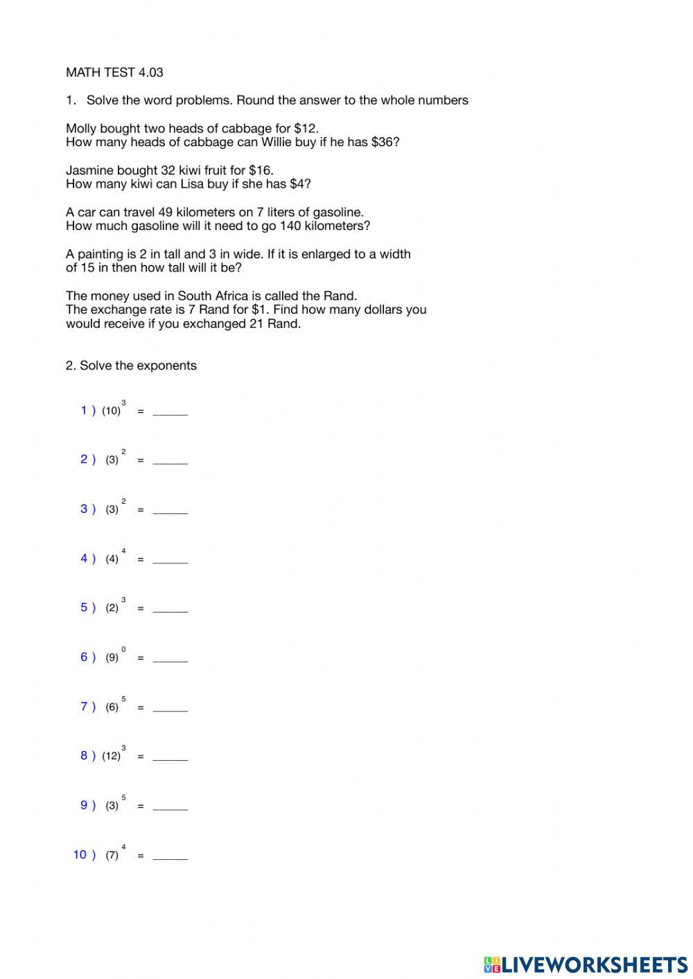 Math test 4.03 worksheet | Live Worksheets