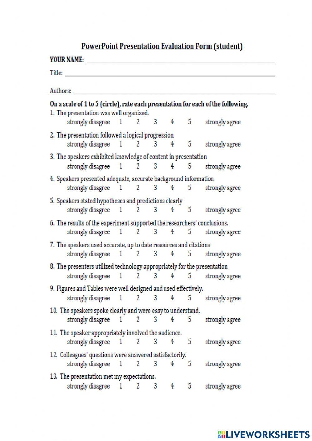 Powerpoint evaluation form for teacher worksheet | Live Worksheets