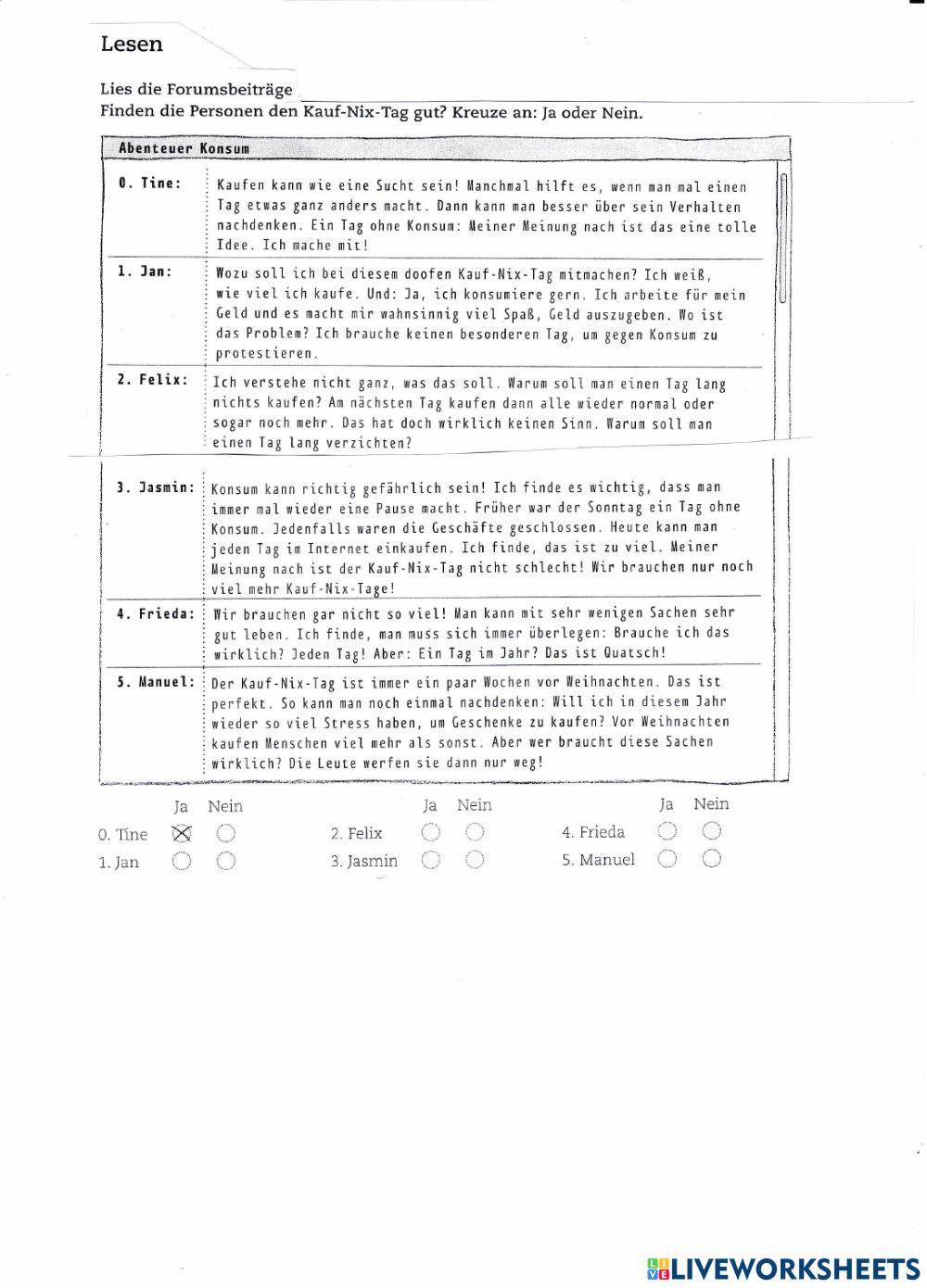 Leseverstehen Deutsch als Fremdsprache (DaF) activity | Live Worksheets
