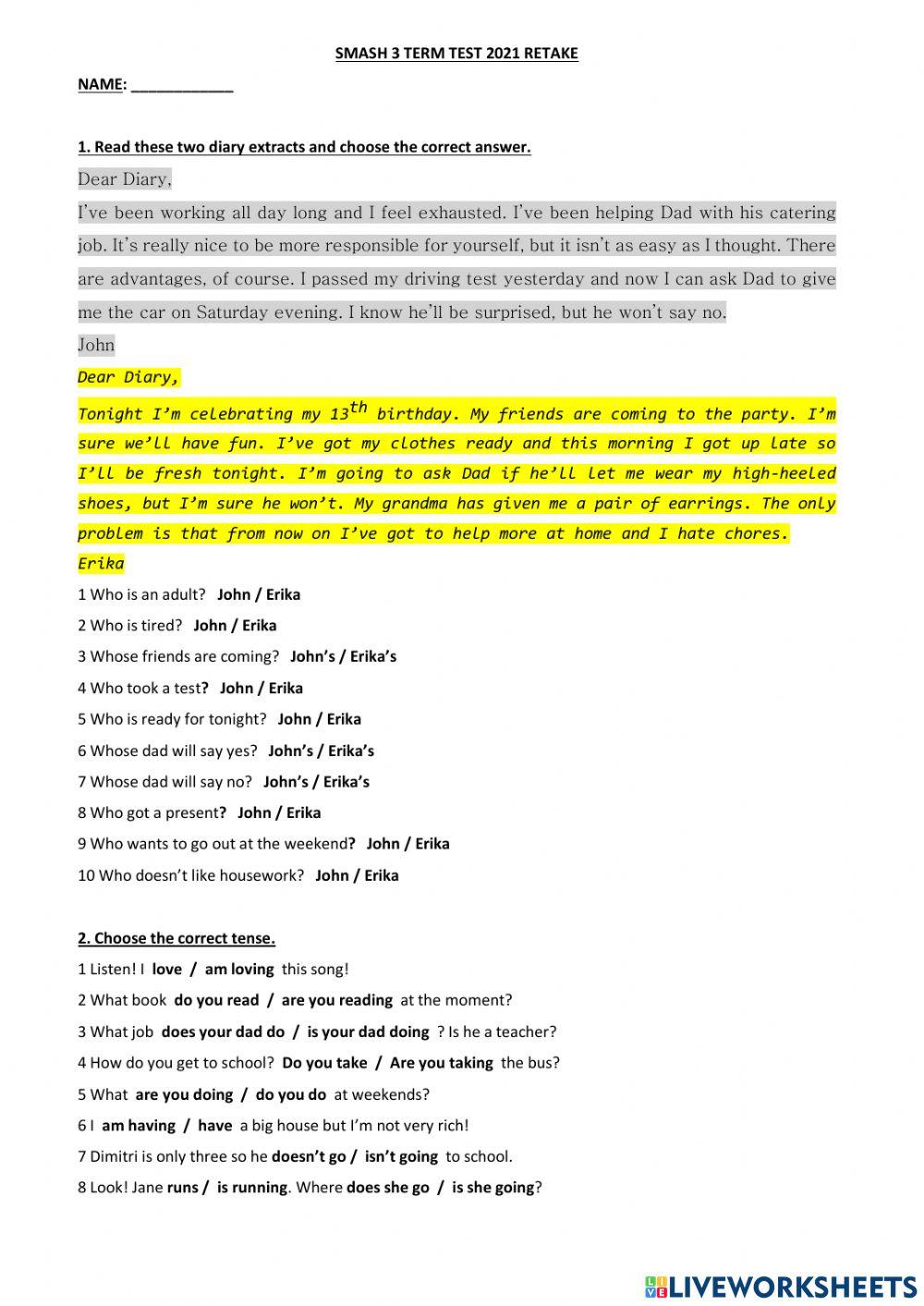 Smash 3 test 1-4 worksheet | Live Worksheets