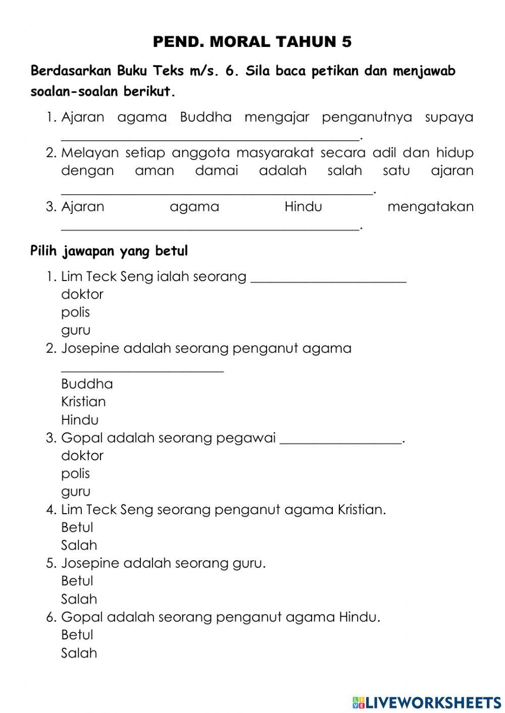 Pend. moral tahun 5 04mac2021 worksheet | Live Worksheets