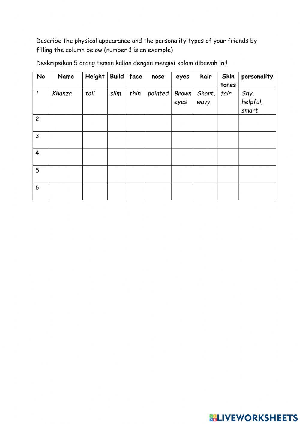 describing pers… | Free Interactive Worksheets | 4923015