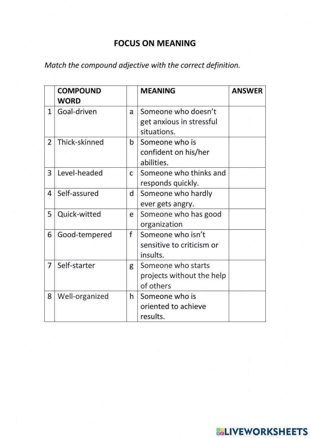 Compound adjectives interactive activity for MODULE 02 | Live Worksheets