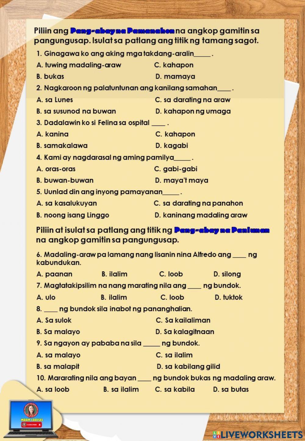 Filipino Pang Abay Na Pamaraan Worksheet Context Clues Filipino - Free ... Filipino Pang Abay Na Pamaraan Worksheet Context Clues Filipino - Free ...