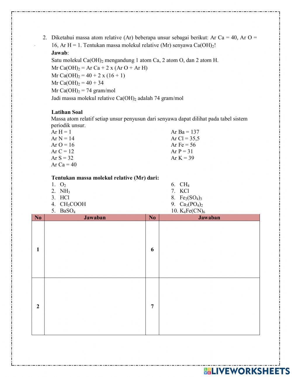 LKPD Massa Atom - Molekul Relatif online exercise for | Live Worksheets
