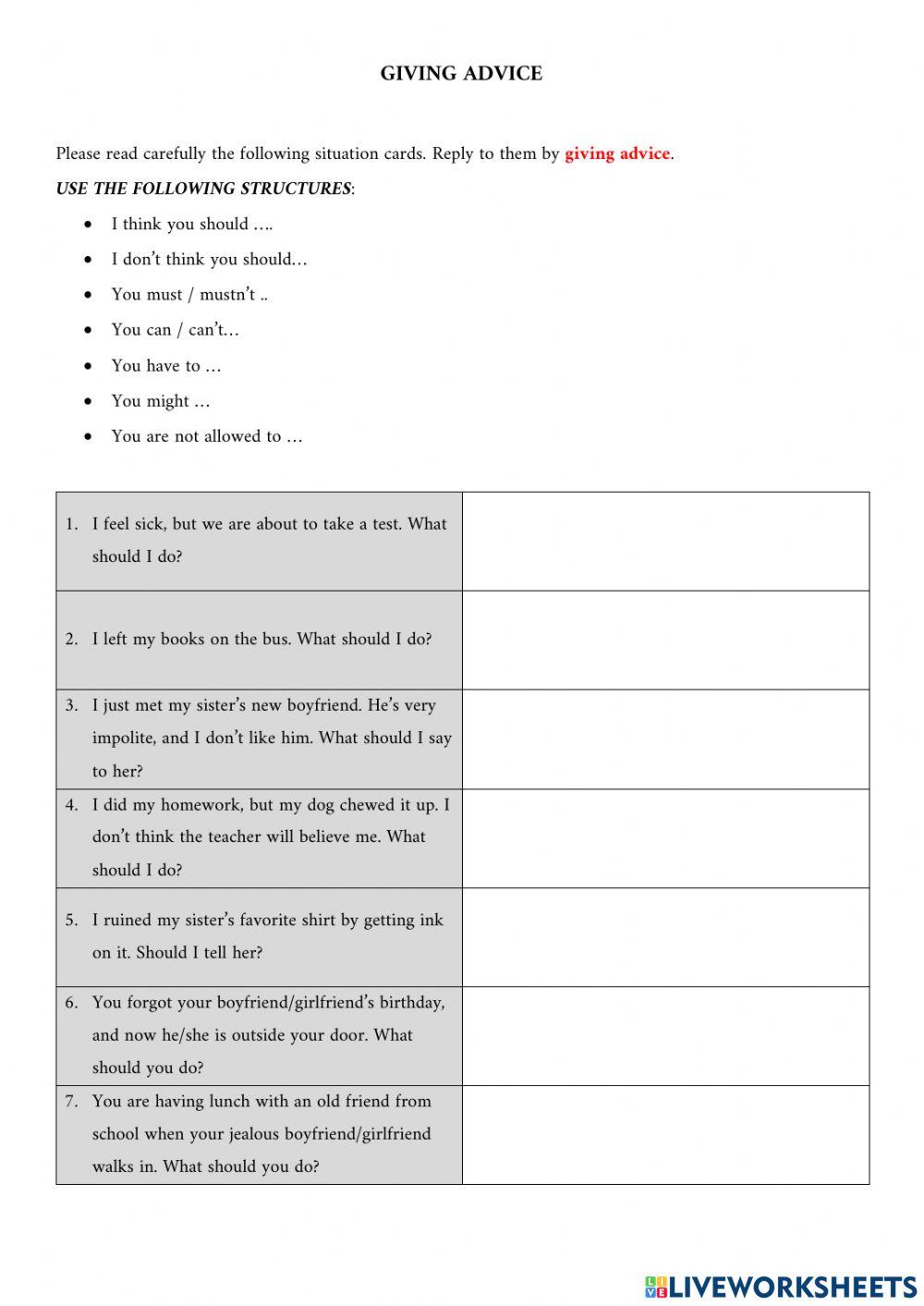 Giving advice - situation cards 6511359 | bella_1992