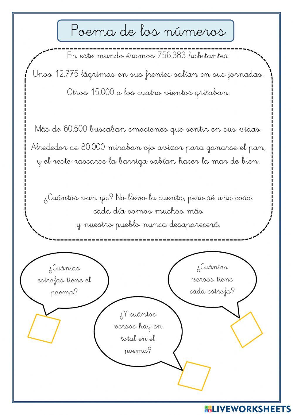Poema de los números worksheet | Live Worksheets