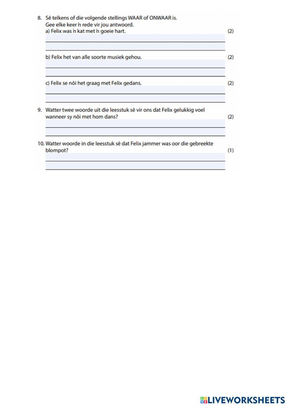 Begrip Felix die menslike kat online exercise for | Live Worksheets