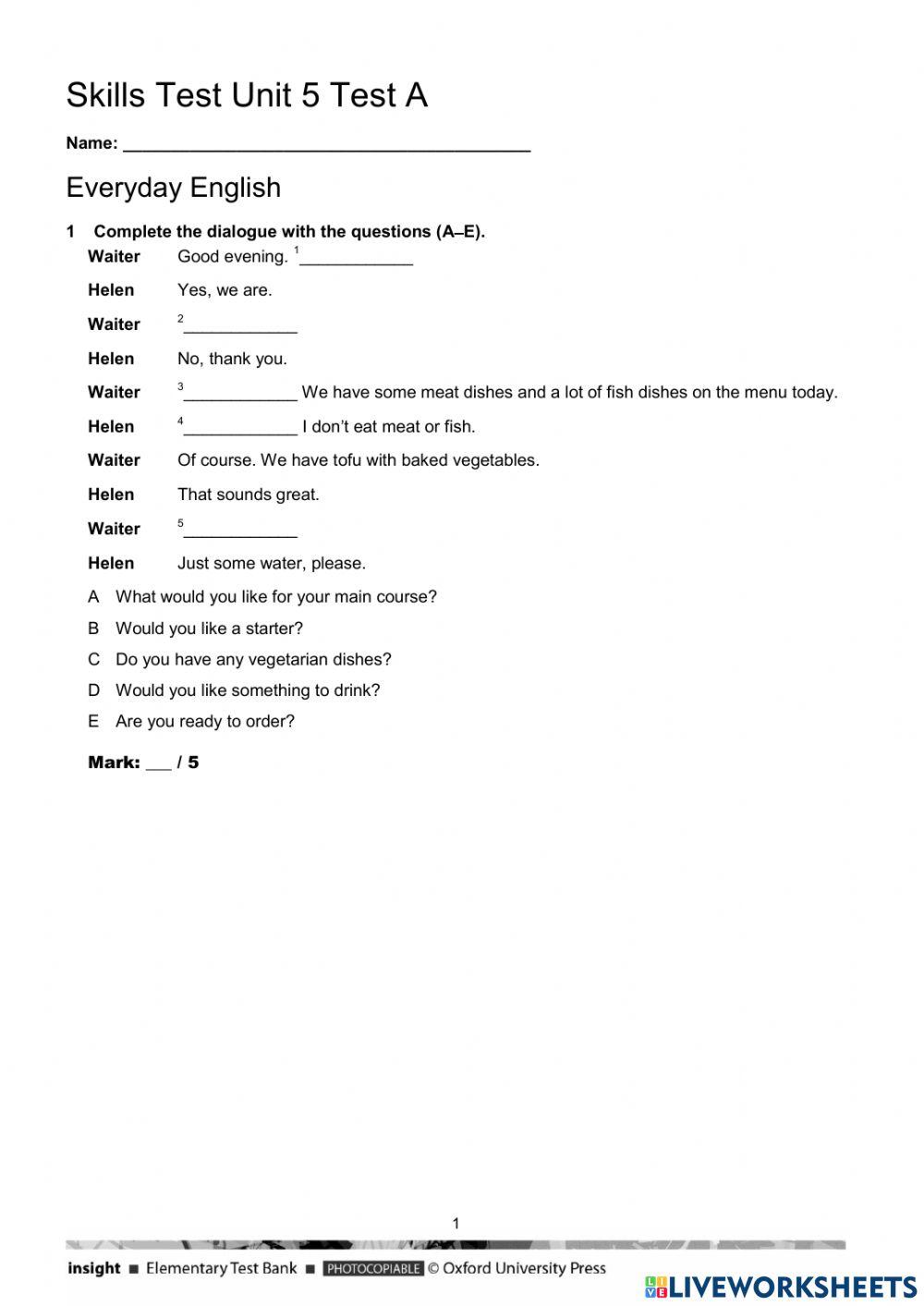 IE Unit 5 Everyday English dialogue online exercise for | Live Worksheets