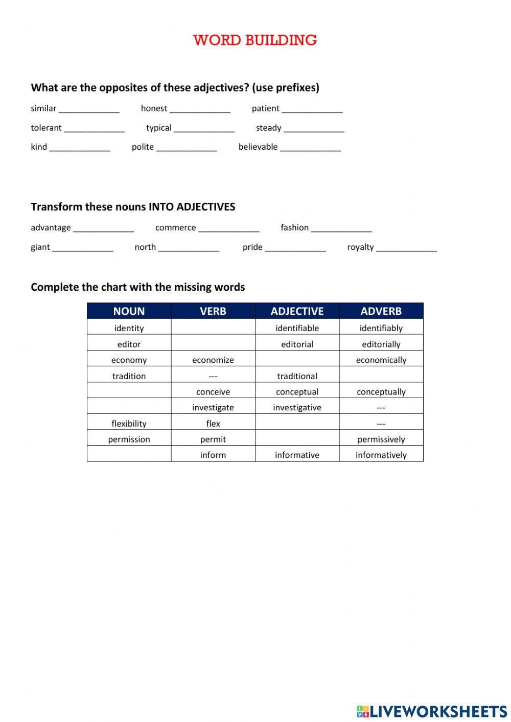 Word Building (1) worksheet | Live Worksheets