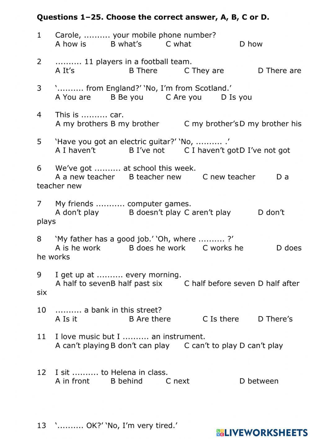TEST ONE - MULTIPLE CHOICE online exercise for | Live Worksheets