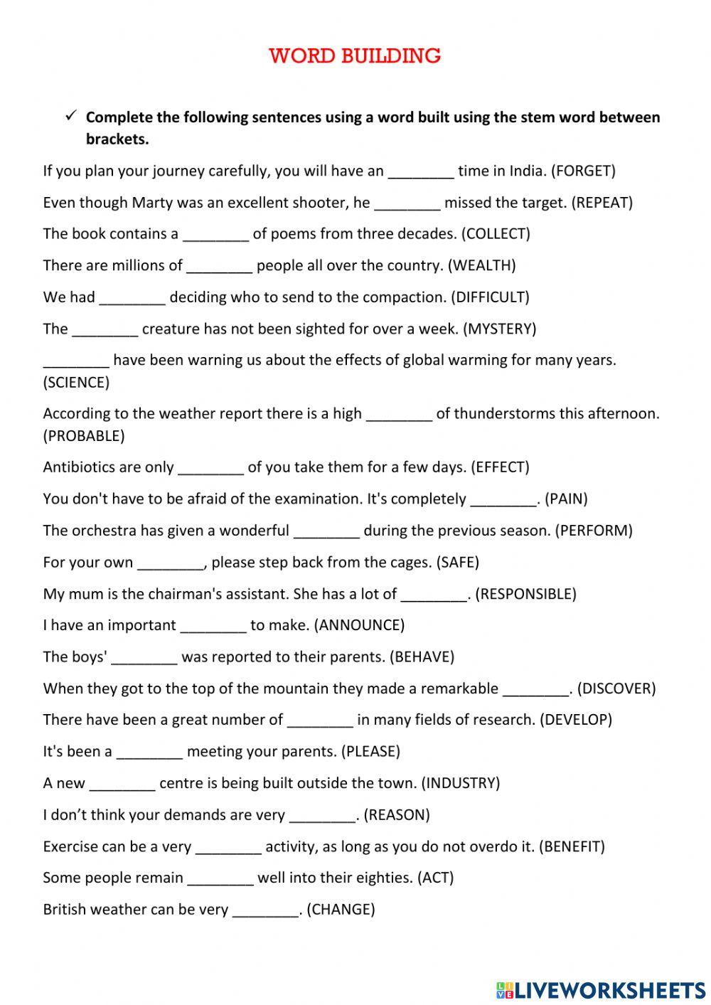 Word Building (2) worksheet | Live Worksheets