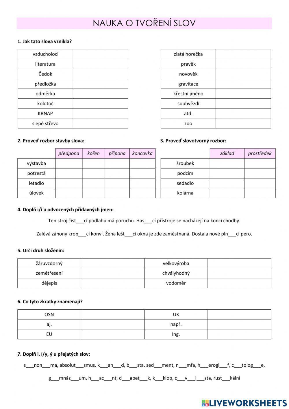 Nauka o tvoření slov worksheet | Live Worksheets