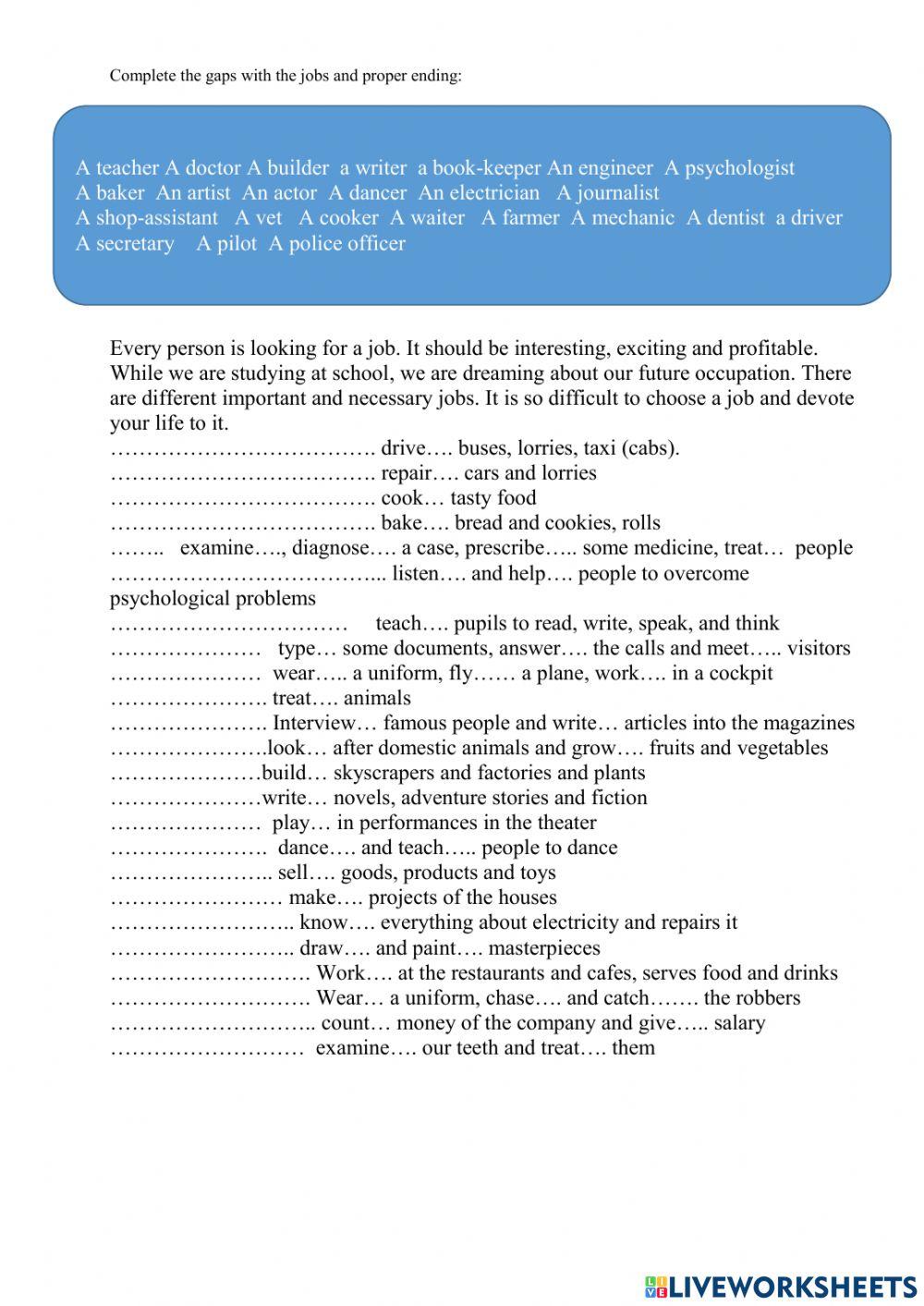 Jobs online exercise for 6 | Live Worksheets