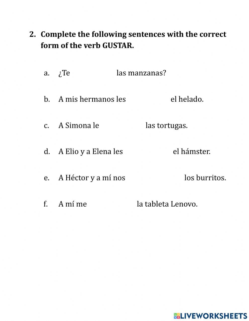 SPANISH - PRACTICE WITH THE VERB GUSTAR 3117 | Kirshon