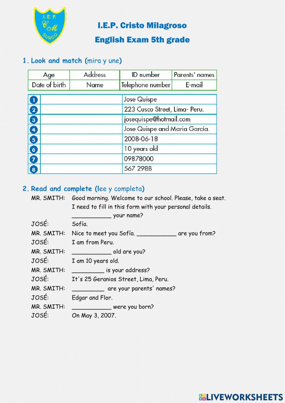 English exam 3130 | zhunterz | Live Worksheets