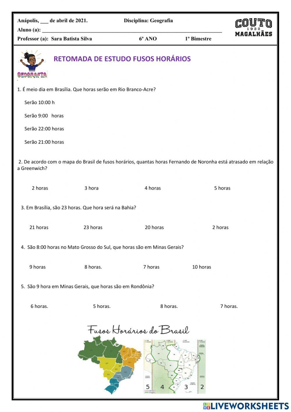 Brasil e Mundo: Fusos horários III worksheet | Live Worksheets