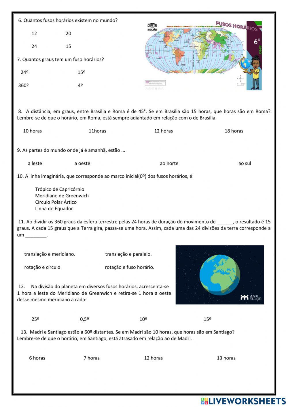 Brasil e Mundo: Fusos horários III worksheet | Live Worksheets