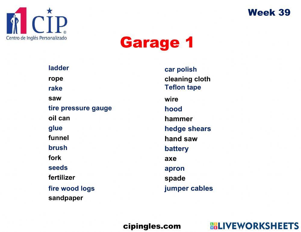 Garage 1 week 39 | Free Interactive Worksheets | 871139