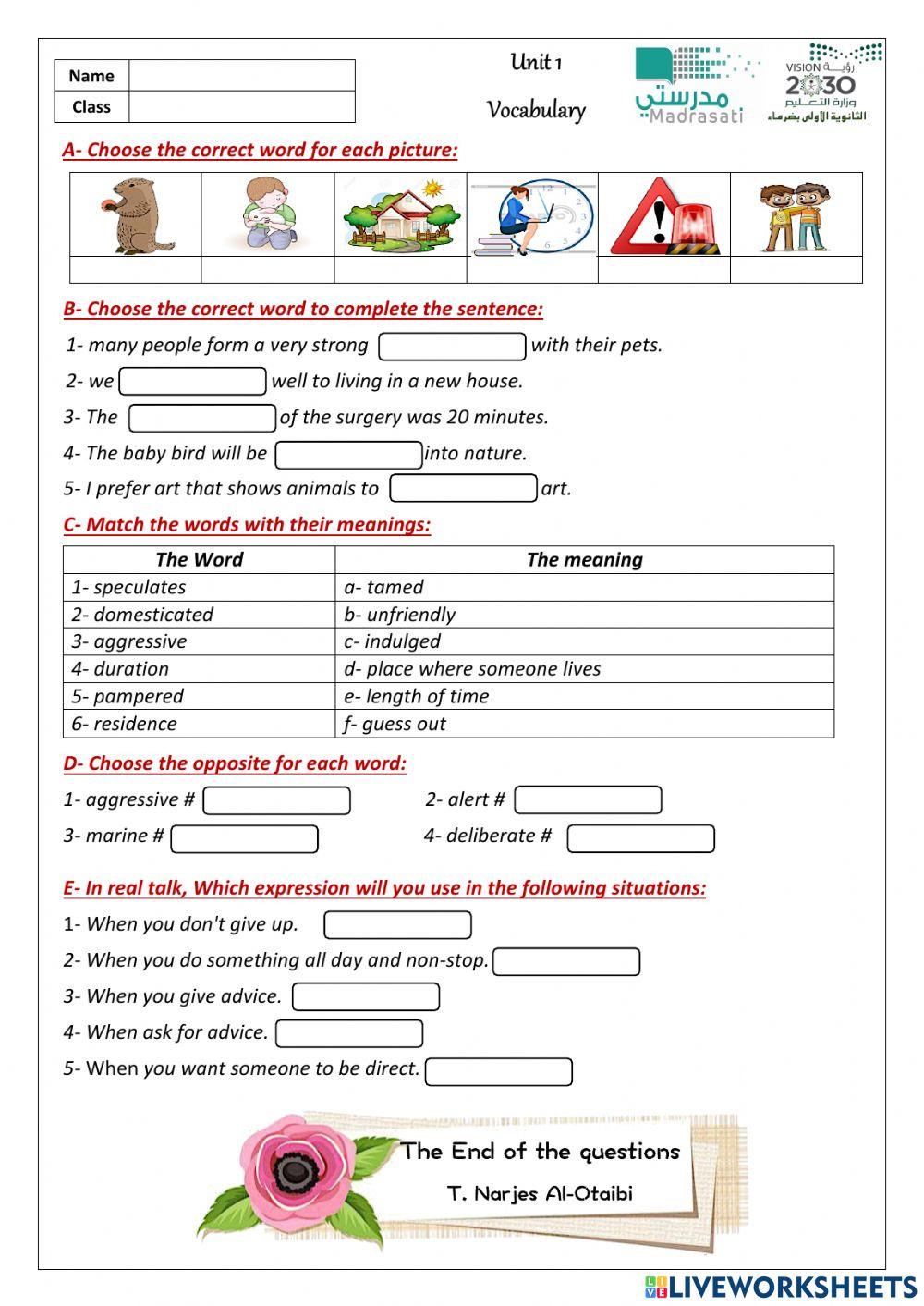 mega goal 4 - unit5 - vocabulary - revision online exercise for | Live Worksheets