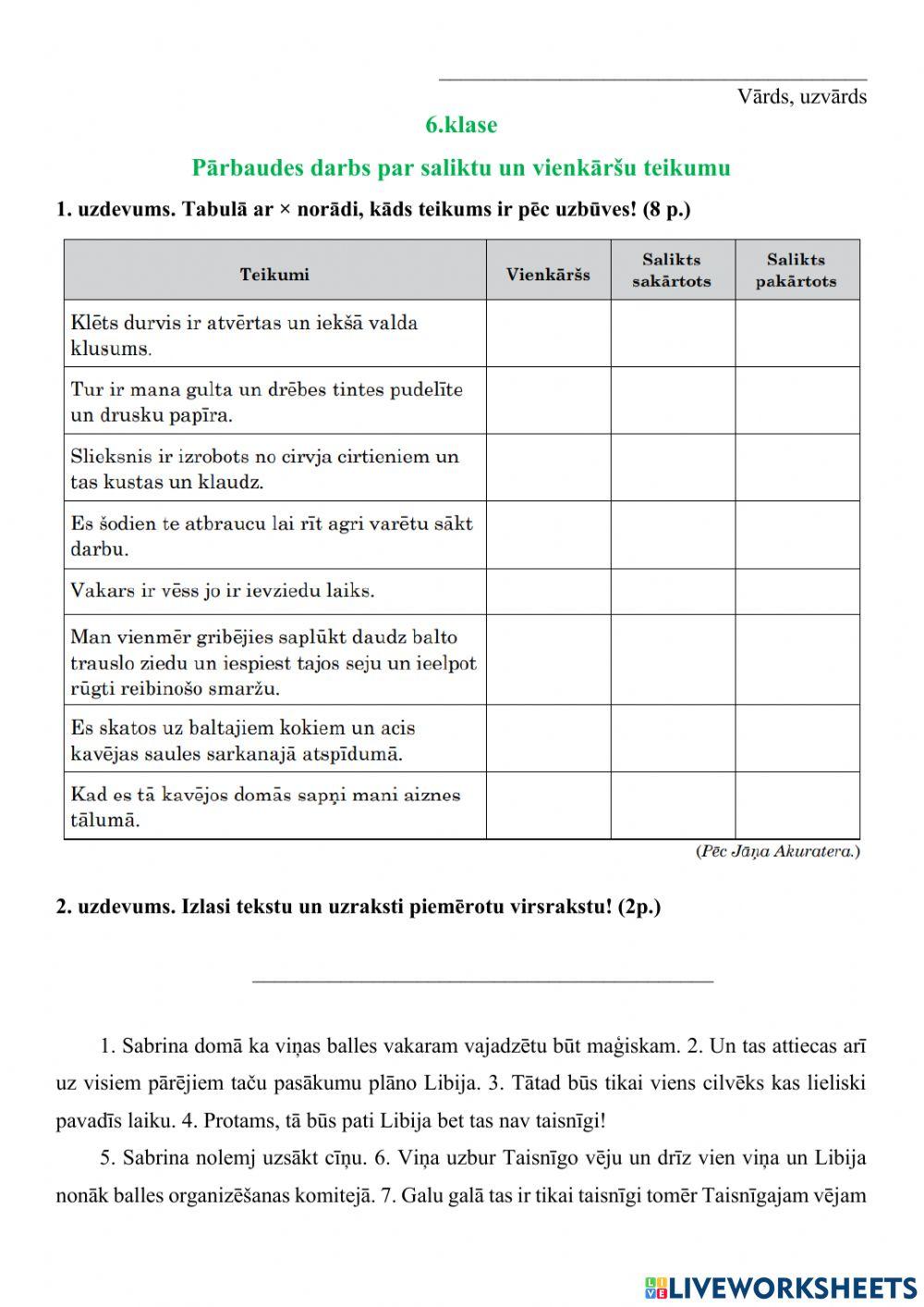 Salikts teikums. Pārbaudes darbs. 6.klase online exercise for | Live ...
