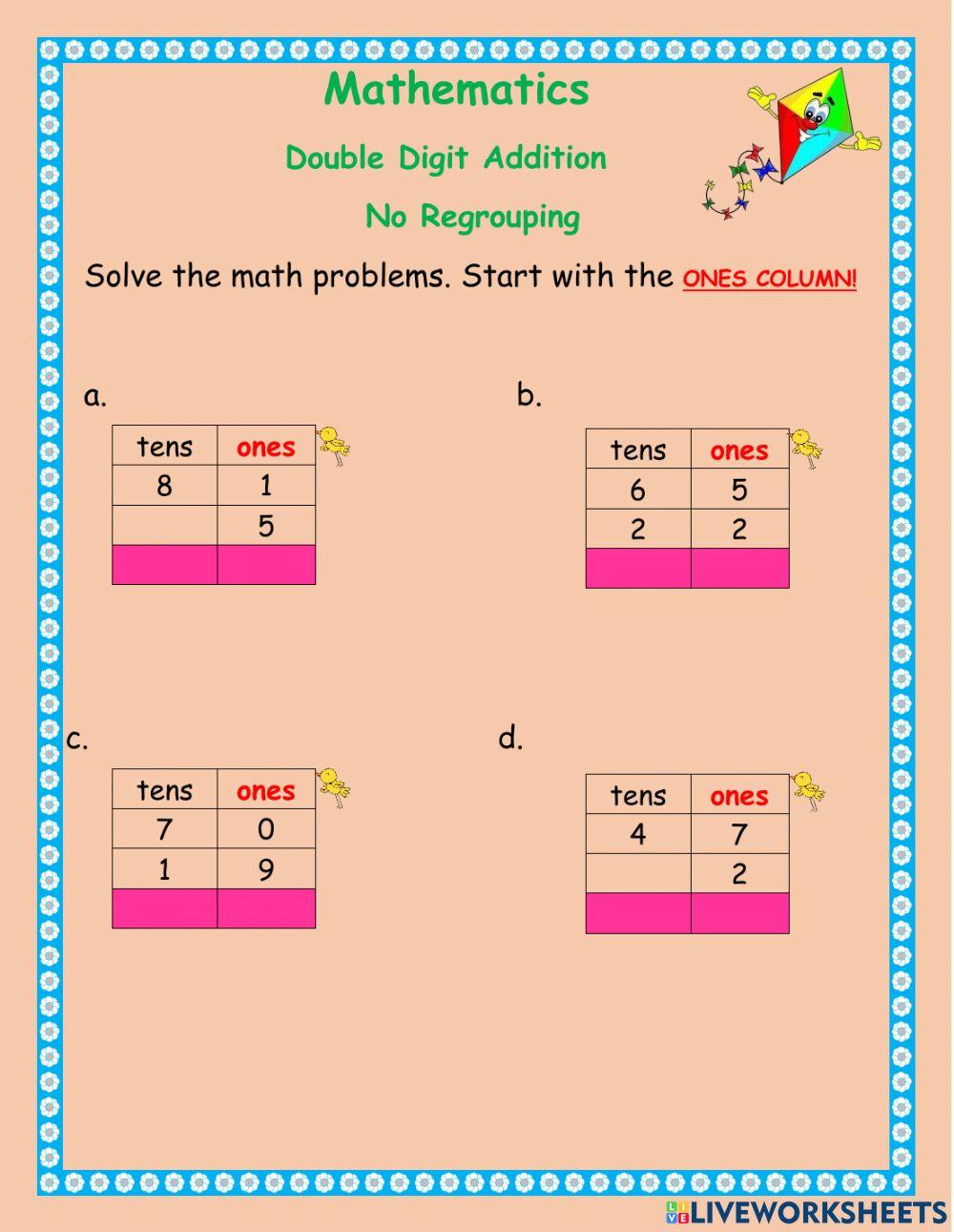 Double Digit Addition 3 Worksheet Live Worksheets